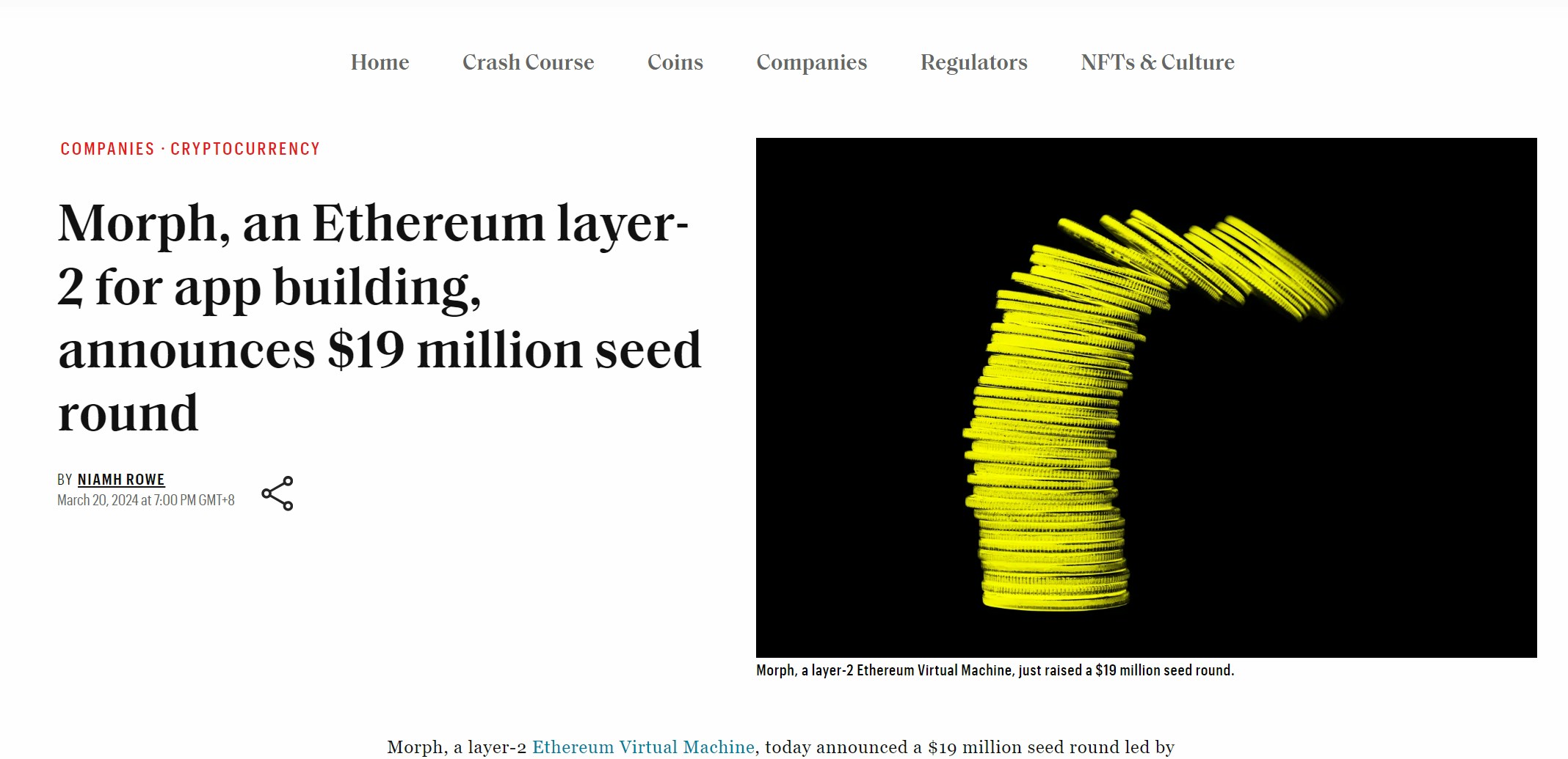 以太坊 Layer2 項目 Morph 完成 1900 萬美元種子輪融資